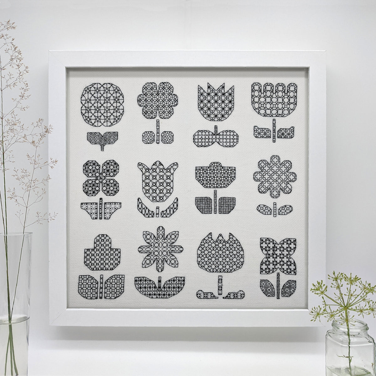 Blackwork embroidery Folk flowers sampler – The Steady Thread